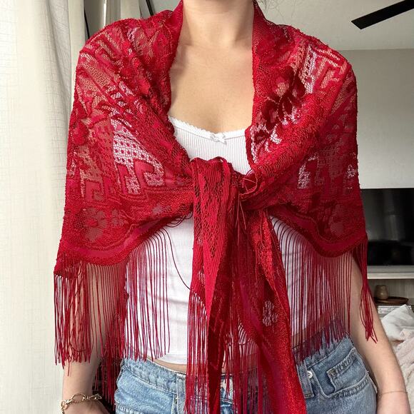 None and/or Unknown | Accessories | Vintage Red Lace Shawl Fringe ...